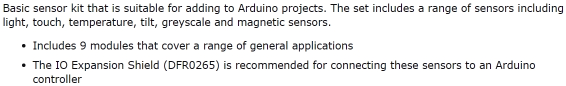 DFROBOT SENSOR KIT KIT FOR ARDUINO - DFR0018 מוצרי פיתוח לאלקטרוניקה סידרה : 44351